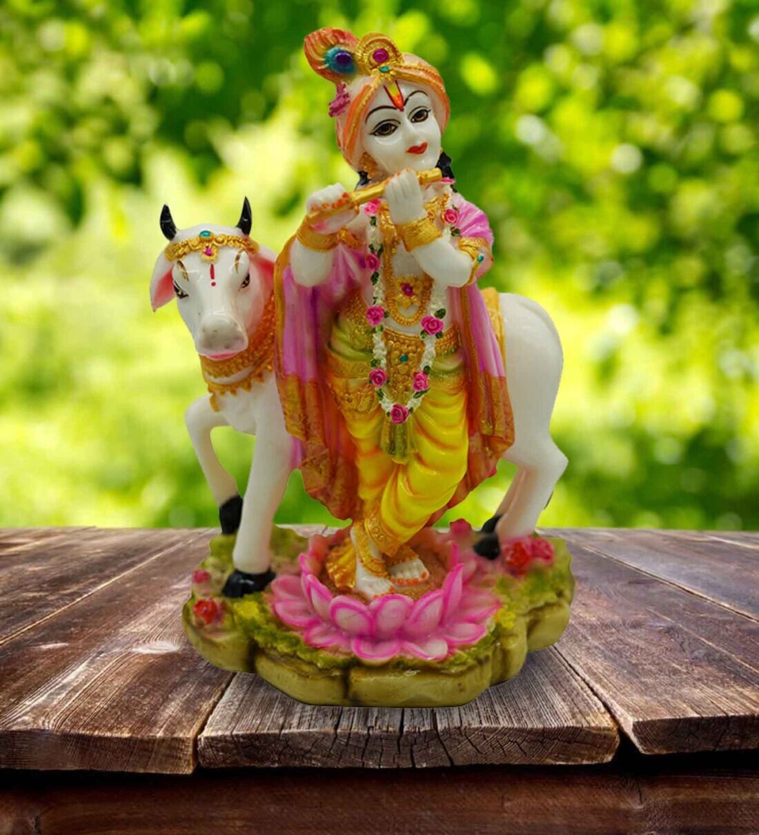 Buy Multicolour Marble Handpainted Lord Krishna Idol with Nandi by ...