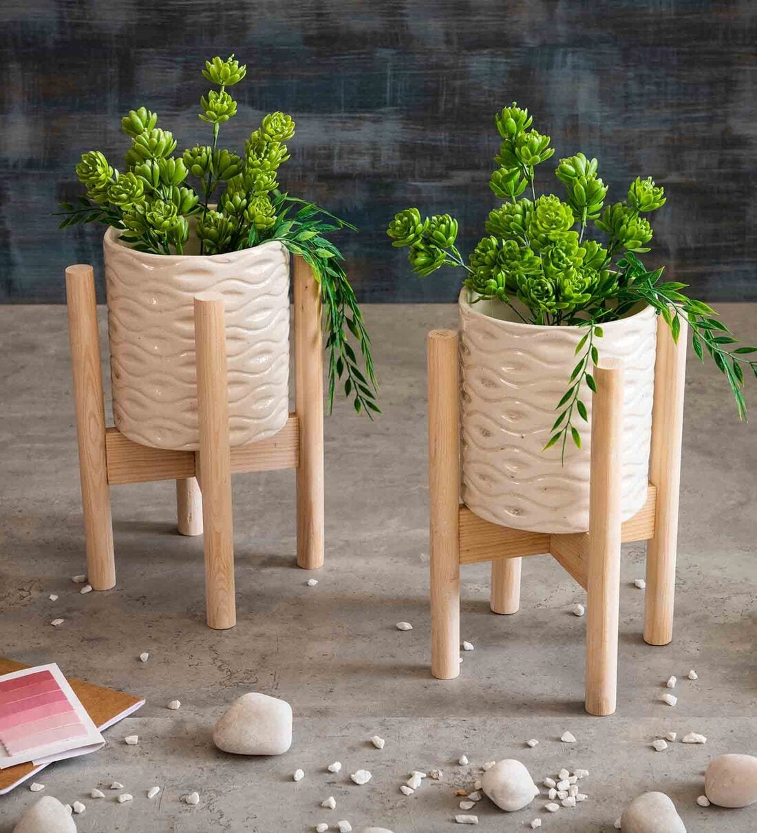 Buy Natural Finish Minimalist Wooden Planter Stand With White Engraved ...