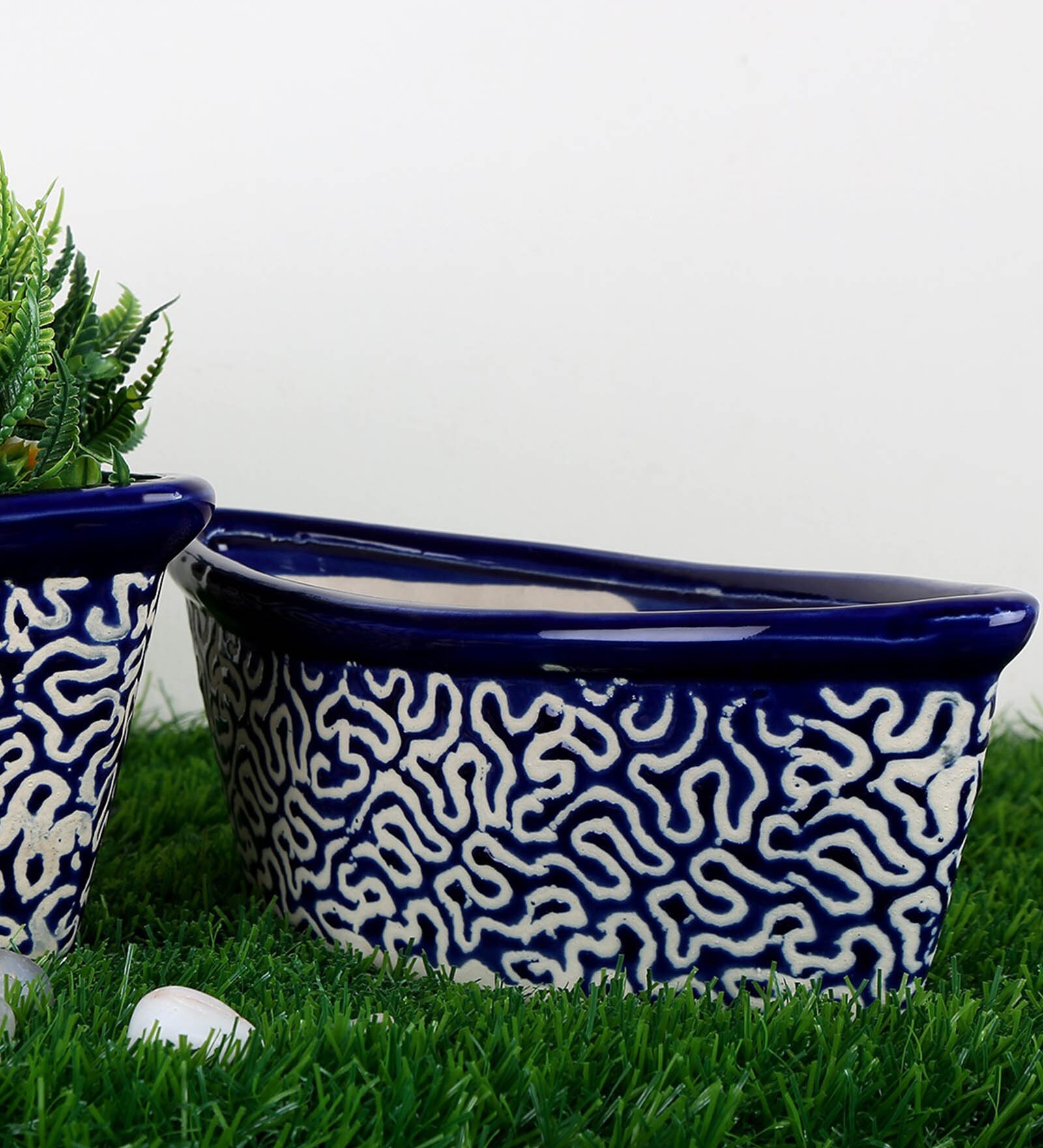 Buy Navy Blue Ceramic Boat Shape with RD Print Small Size Planter by ...