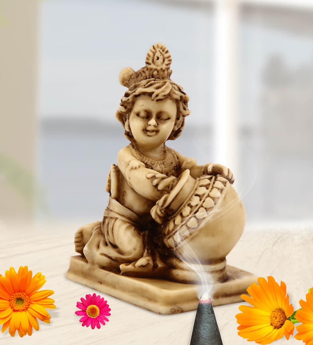 Buy Off White Resin Bal Krishna Eating Butter From Matki Idol By ...