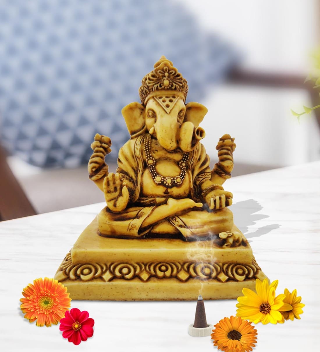 Buy Off White Resin Ganesha With Beautiful Curled Uptrunk Idol By ...