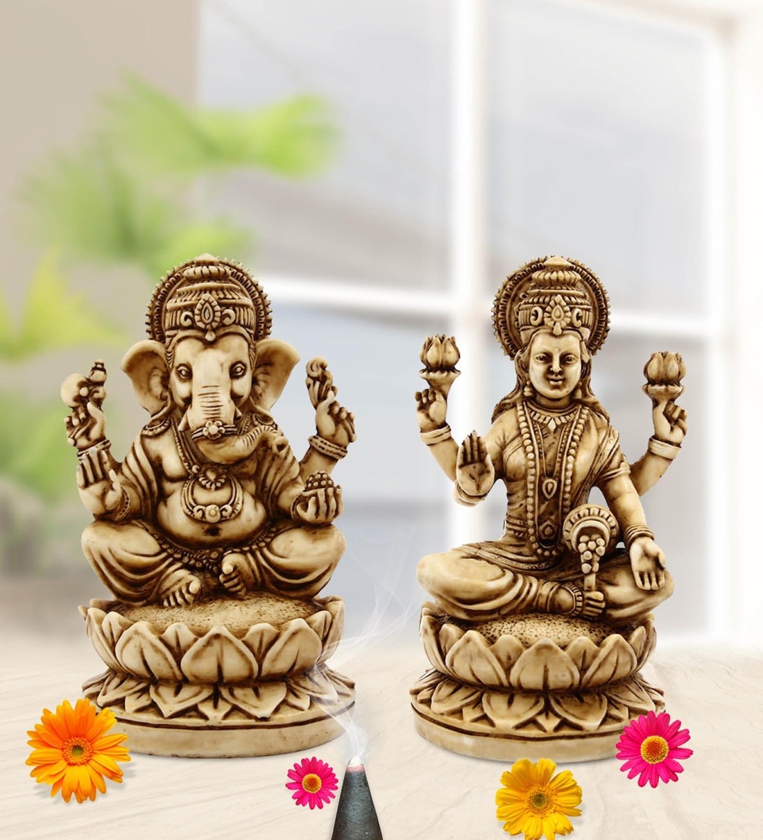 Buy Off White Resin Lakshmi Ganesh Carved In Resin Idol By Handicrafts ...