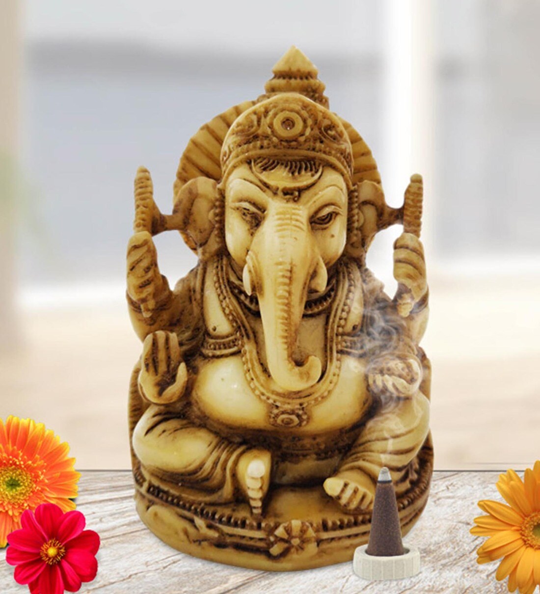 Buy Off White Resin Round Sitting Ganesh Carved In Antique Finish Idol ...