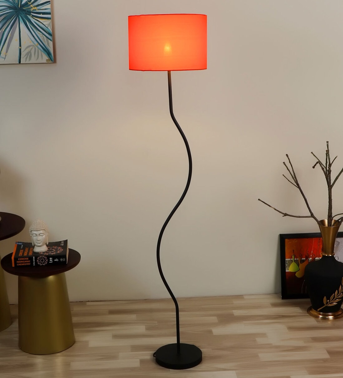Buy Canvas Orange Cotton Shade Club Floor Lamp With MDF Base By ...