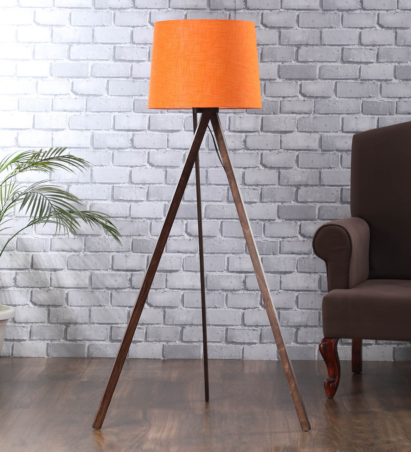 Buy Taranto Orange Fabric Shade Tripod Floor Lamp With Wood Base By ...