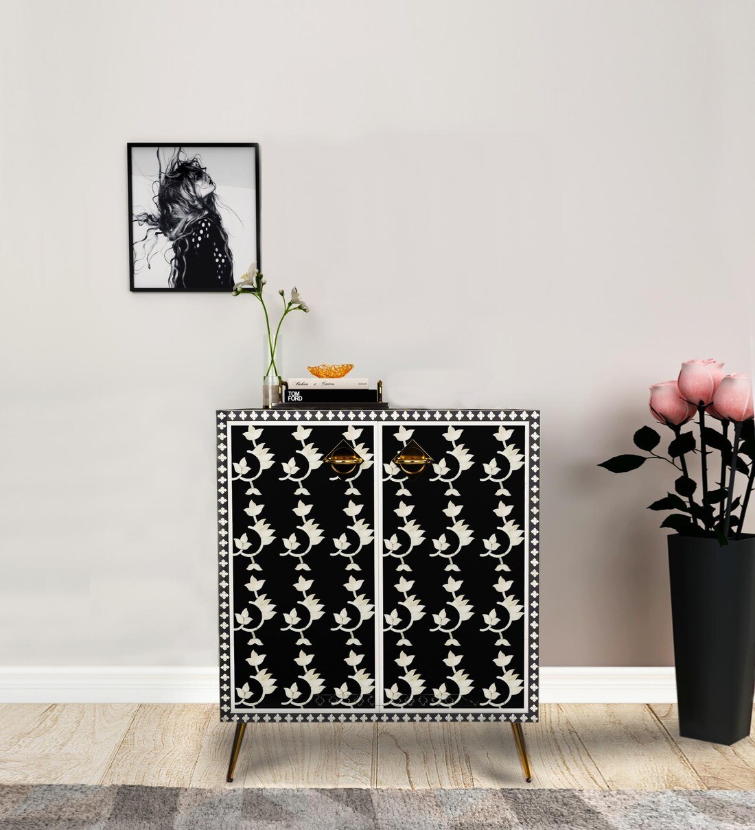 Buy Overlay Floral Bone Inlay Sideboard in Black Matte Finish Online ...