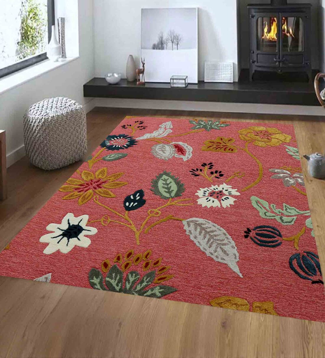 Buy Pink Floral Wool 5 ft x 7 ft Hand Tufted Carpet by CARPET IMPEX ...