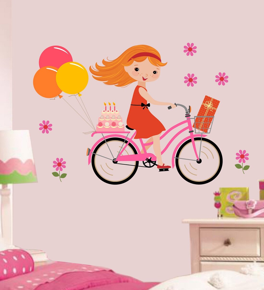 Buy Pvc Vinyl 34 X 24 Inch Cute Little Girl On Cycle Balloons Wall ...