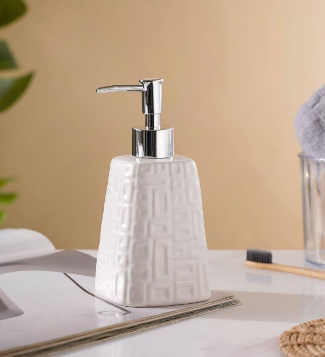 Buy Pyramid Textured Ceramic White Bath Dispenser with Metal Nozzle at ...