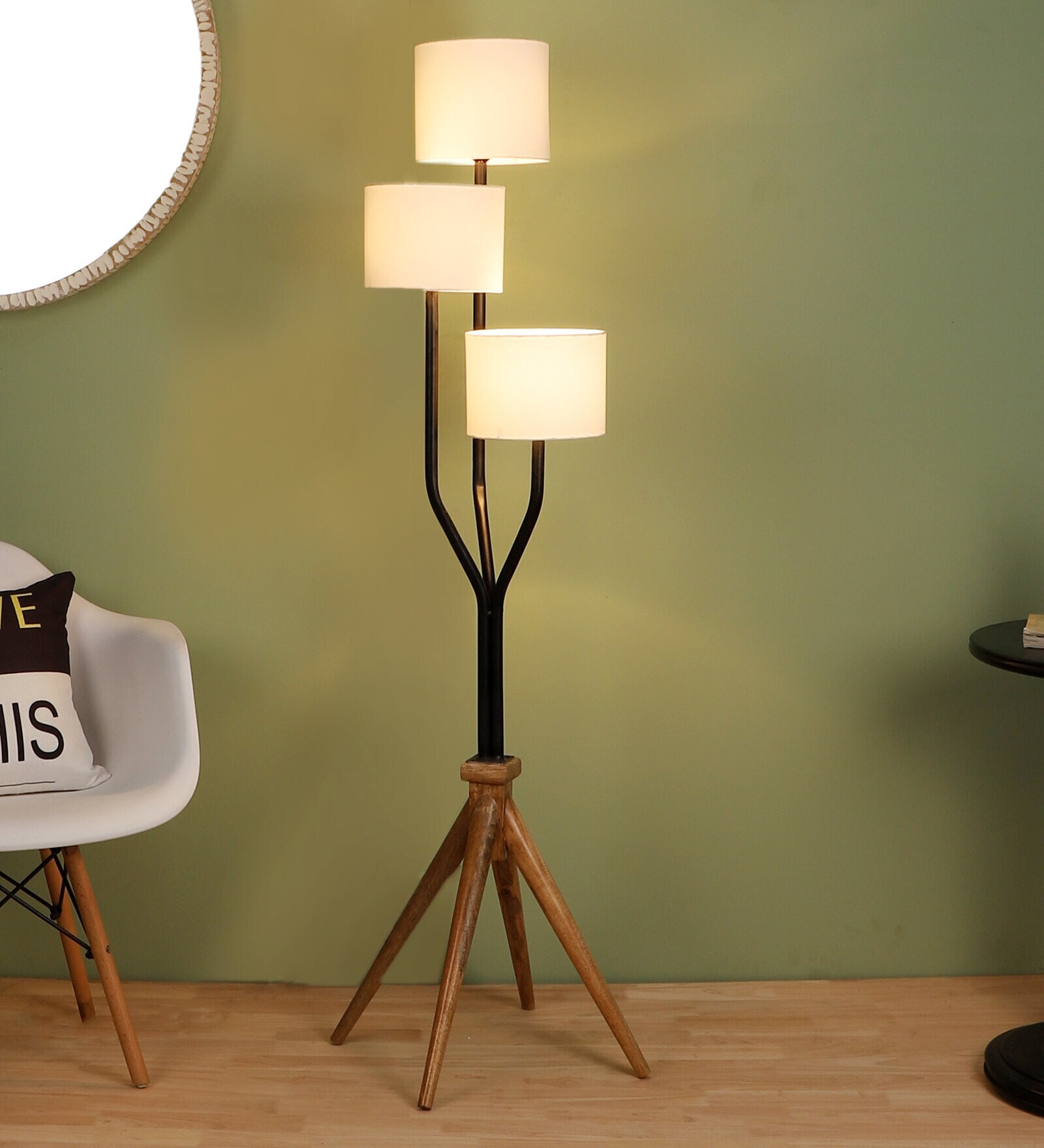 Buy Flemish White Cotton Shade Novelty Floor Lamp With Mango wood Base ...