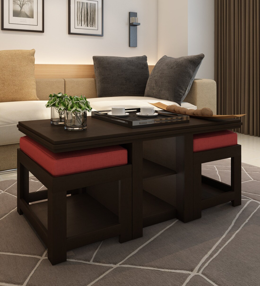 Buy Rectangular Coffee Table with Red Cushioned Stools by ARRA Online ...