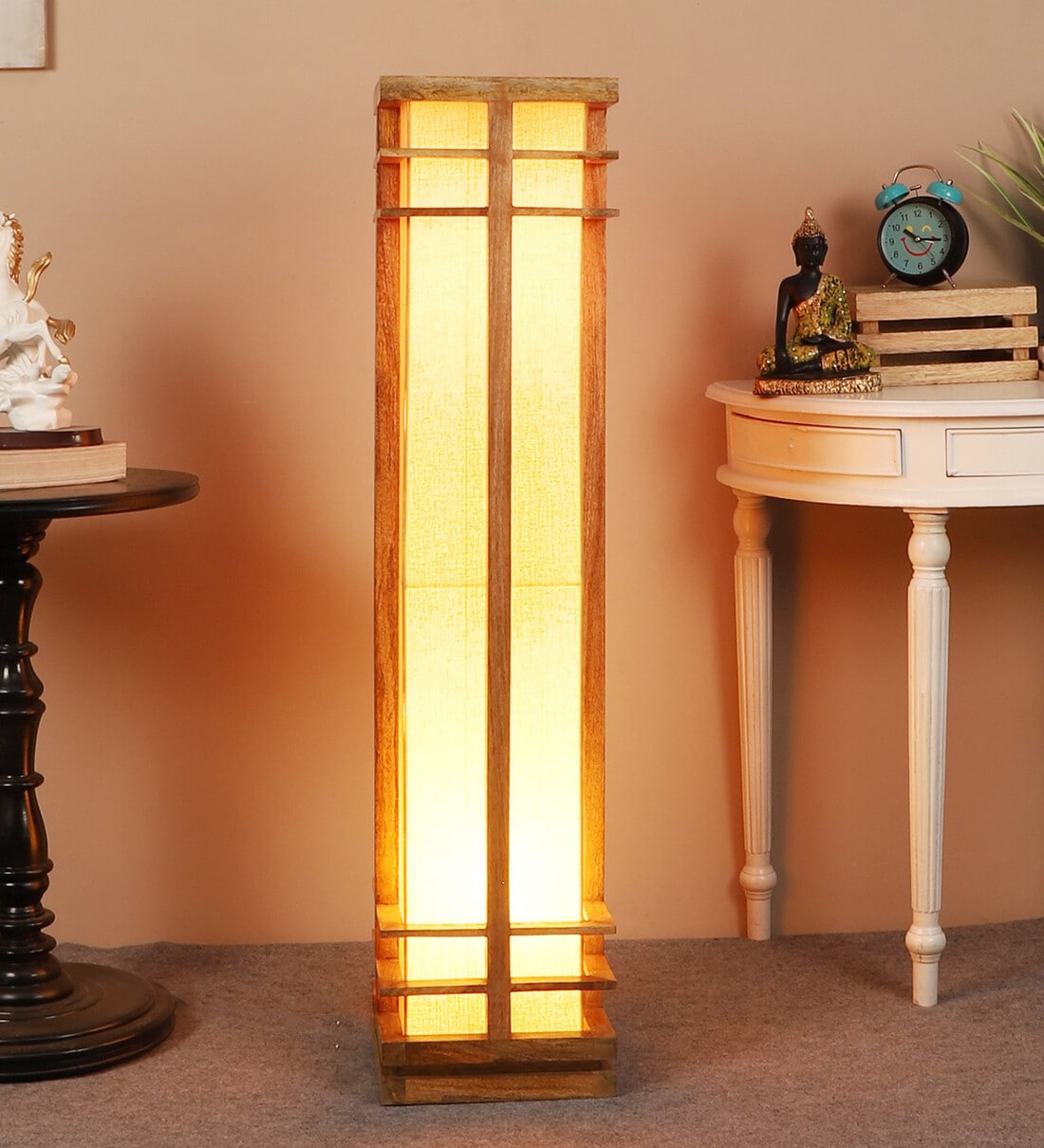 Buy Gold Cotton Shade Column Floor Lamp With Mango wood Base By The ...