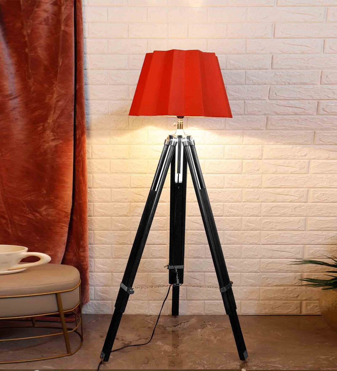 Buy Alice Red Fabric Shade Tripod Floor Lamp With Wood Base By Grated ...
