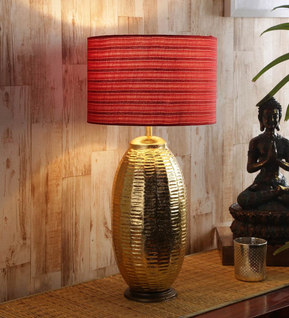 Buy Red Fabric Shade Table Lamp with Gold Base by Courtyard Online ...