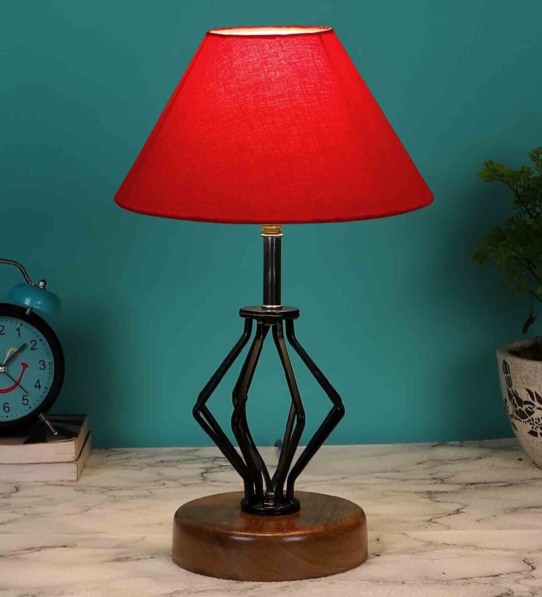 Buy Red Shade Table Lamp With Shade Table Lamp With Wood & Iron Base By ...