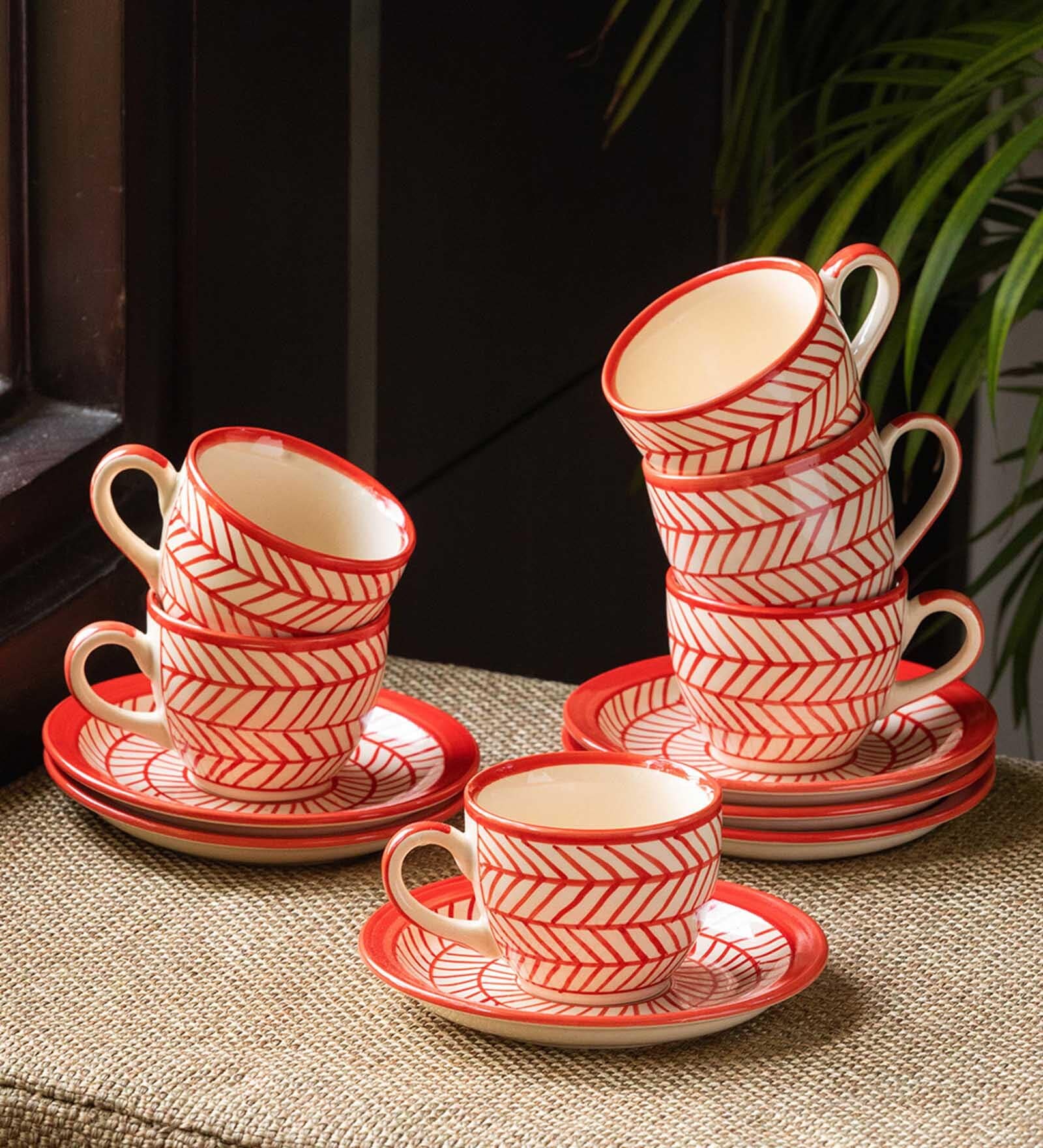 Buy Chevrons 160ml Red & White Ceramic (Set of 12) Tea Cup & Saucer Set ...