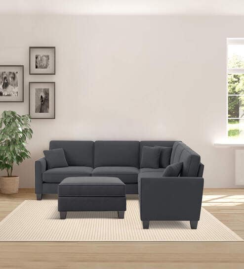 Buy Riley Velvet 5 Seater Sectional Sofa in Light Grey Colour with ...