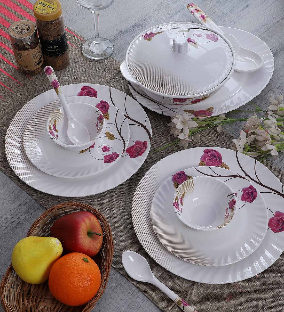 Buy Rose Flower Printed 40 Pcs White & Red Melamine Dinnerware Set at ...