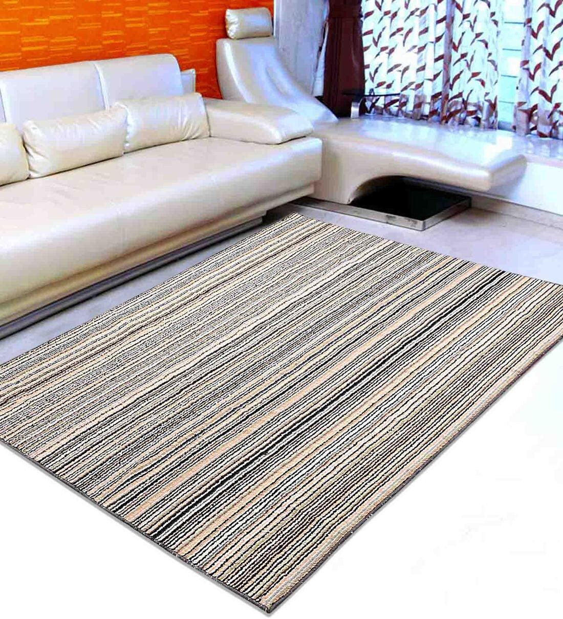 Buy Multicolor Striped Microfibre 4 ft x 6 ft Machine Made Carpet by ...