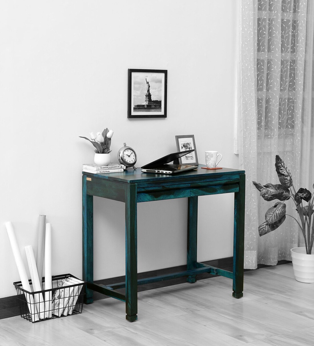 Buy Segur Sheesham Wood Study Table In Ocean Blue Finish Online ...