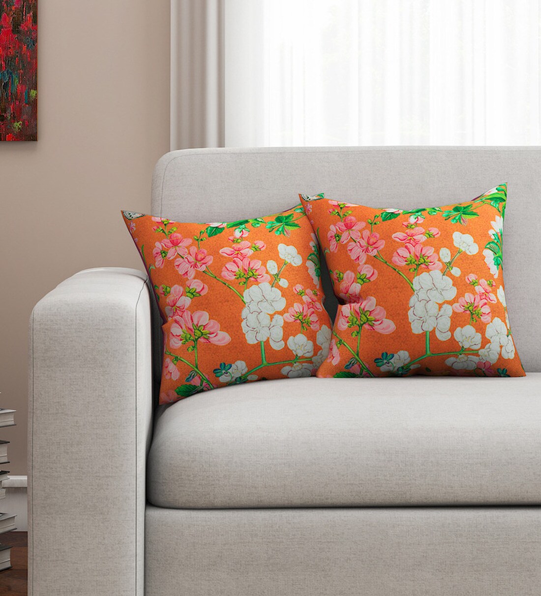 Buy Orange Floral Cotton 16 x 16 Inch Cushion Covers (Set of 2) by SEJ ...