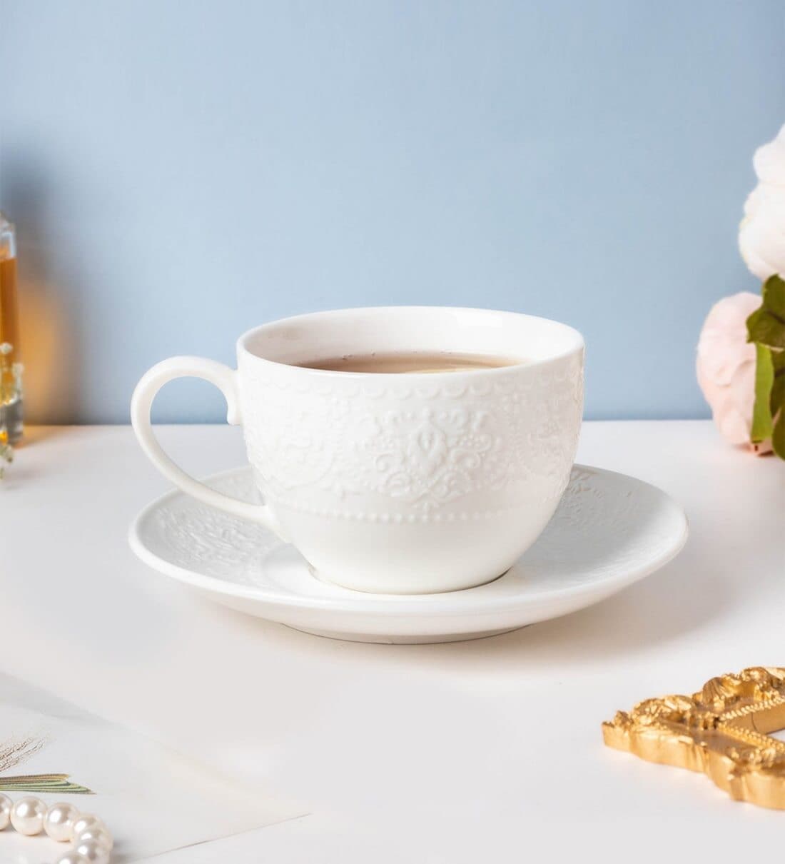 Buy Serena Floral 250ml White Ceramic Tea Cup & Saucer Set at 100% OFF ...