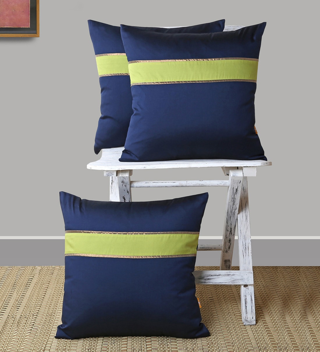 Buy Blue Striped Silk 16 x 16 Inches Cushion Covers (Set of 3) by ANS ...