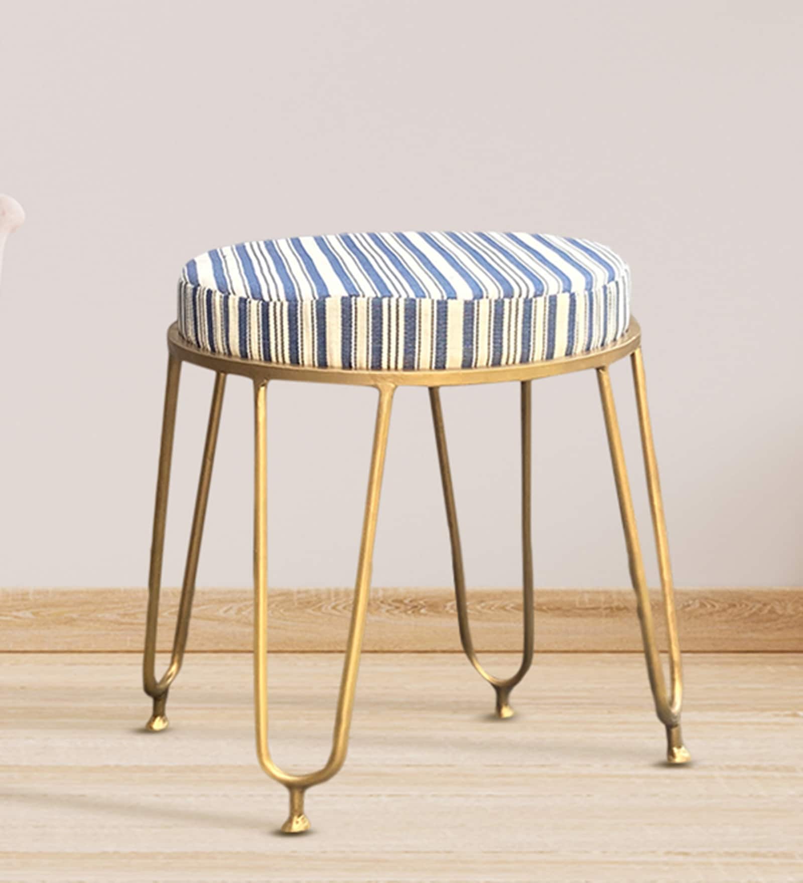 Buy Semi Circular Seating Stool in Golden Stand & Blue Cusion Colour ...