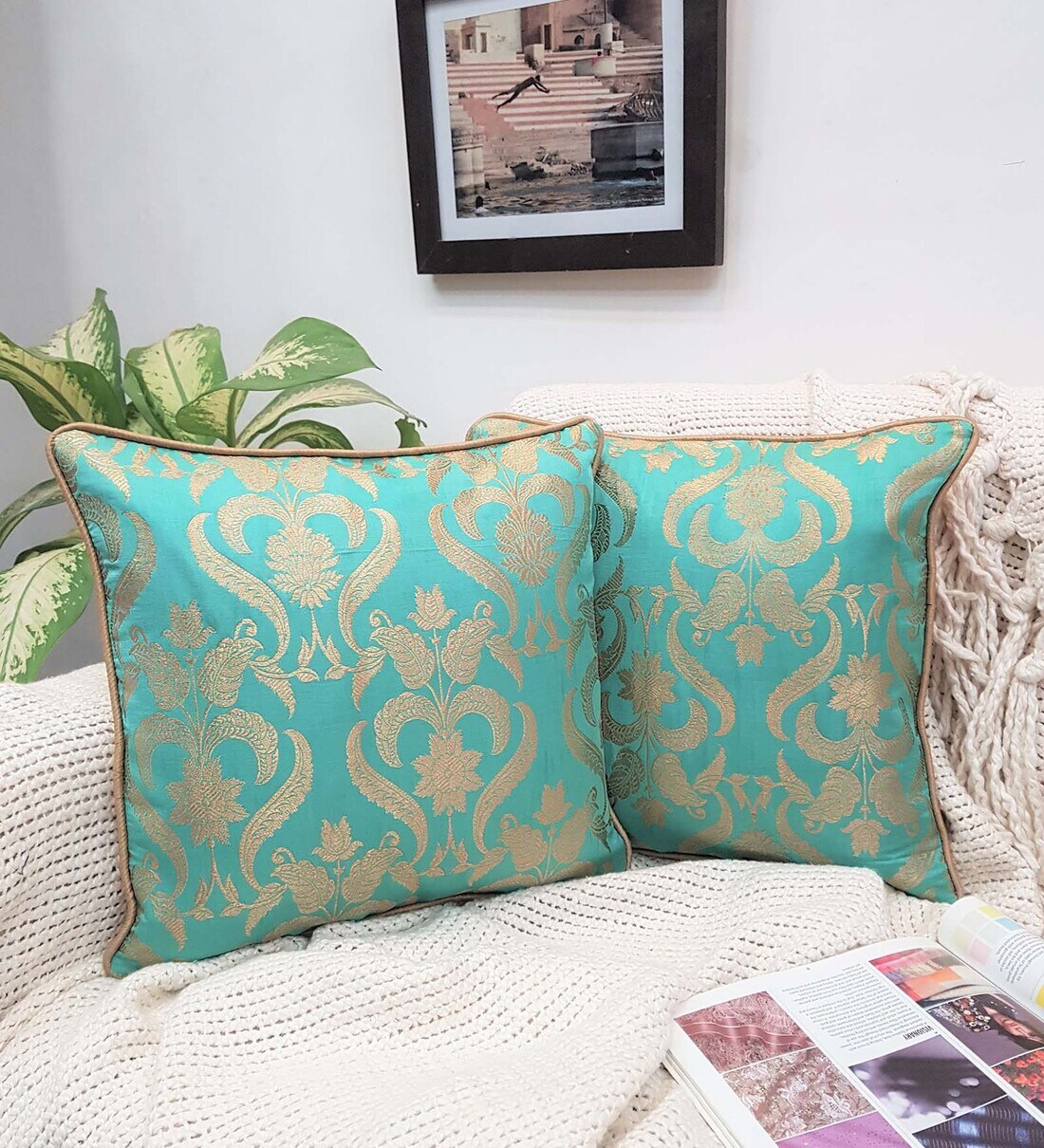 Buy Green & Golden Traditional Silk 16 x 16 Inches Cushion Covers (Set of 2) by House Of Silko ...