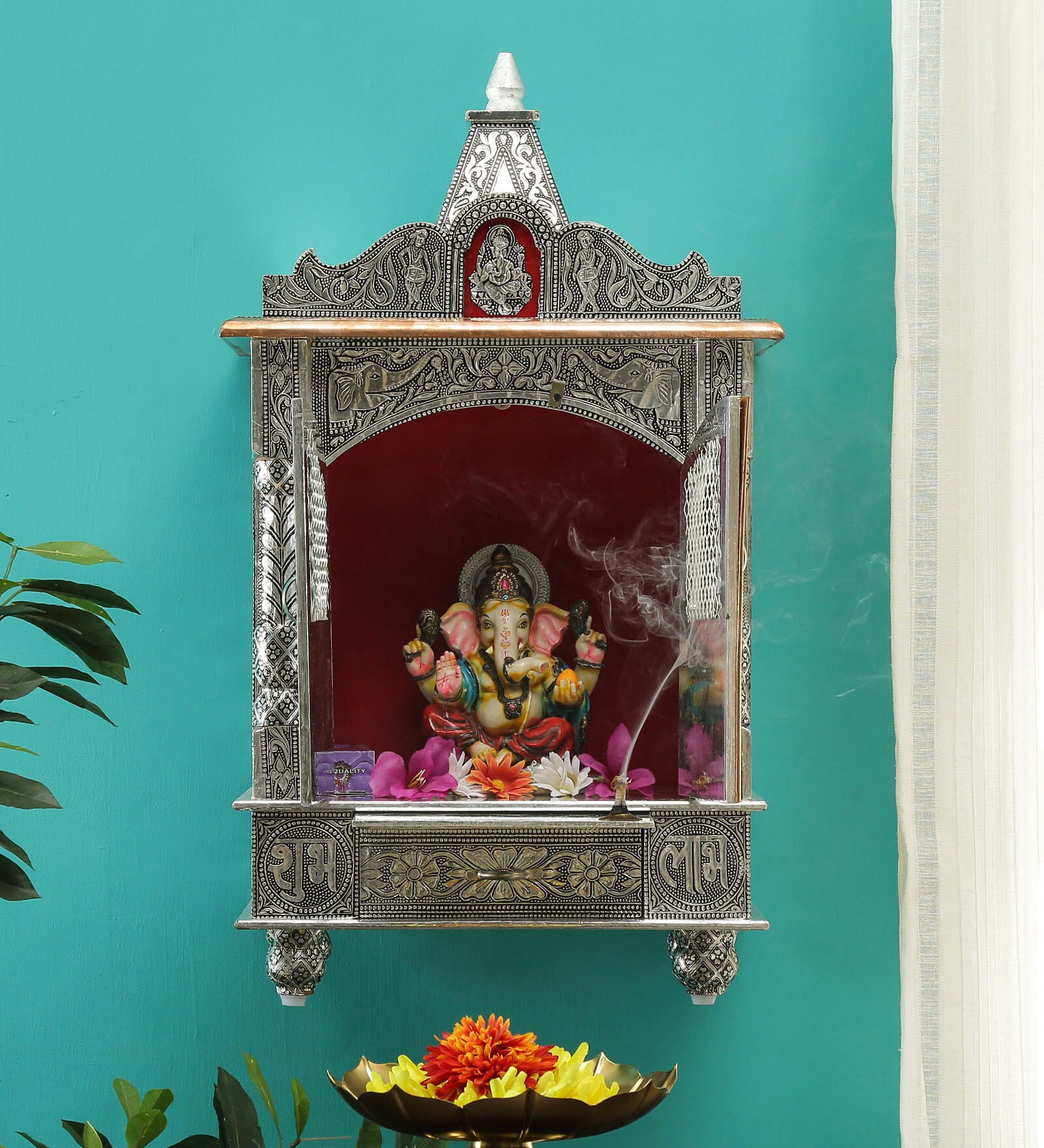 Buy Silver Wood And Aluminium Pooja Mandir With Door Online - Mandirs ...