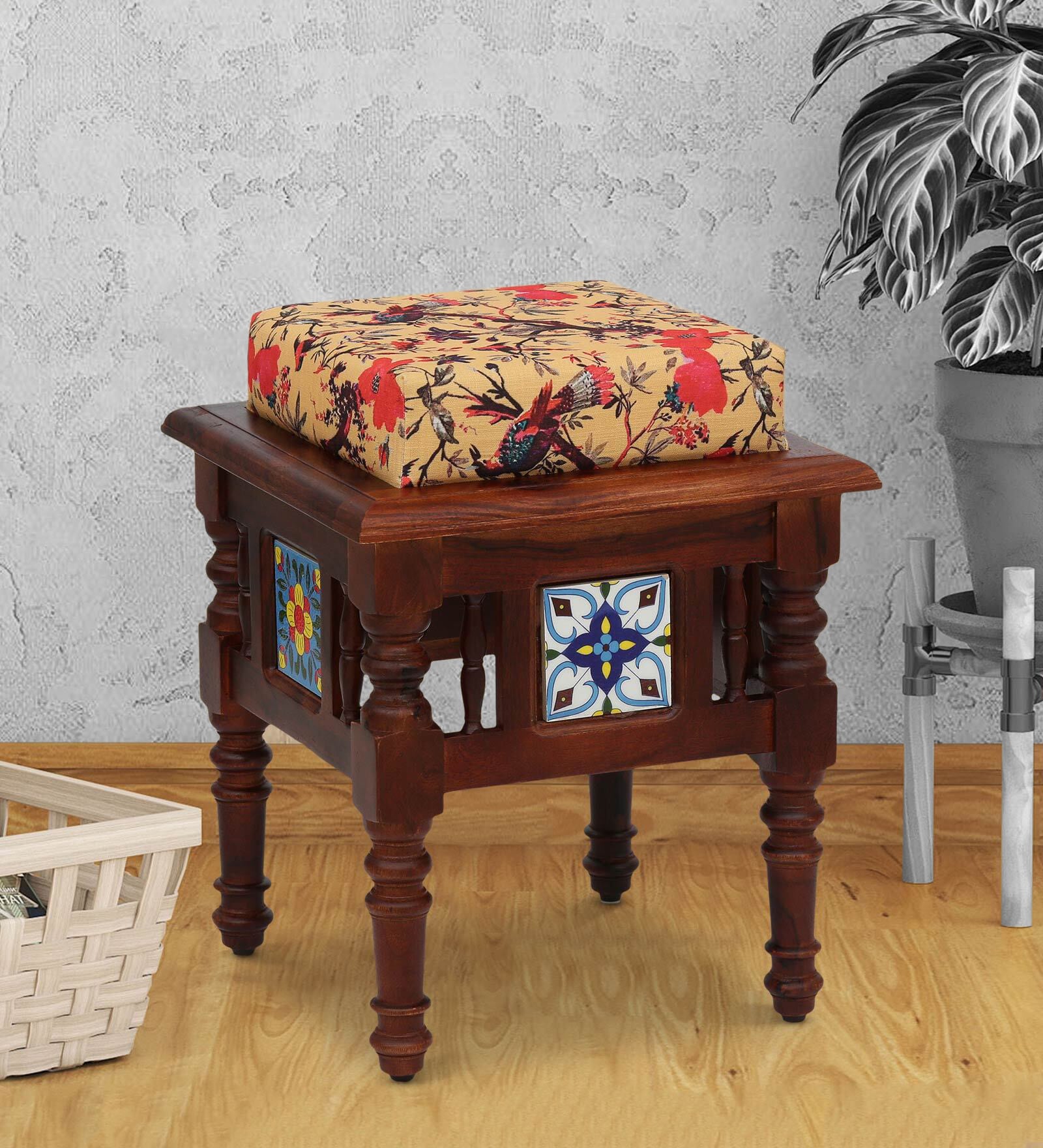 Buy Siramika Sheesham Wood Seating Stool In Honey Oak Finish Online ...