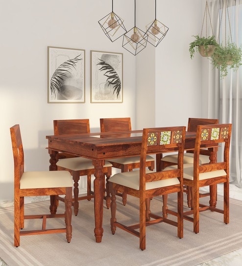 Buy Siramika Sheesham Wood 6 Seater Dining Set In Honey Oak Finish With ...