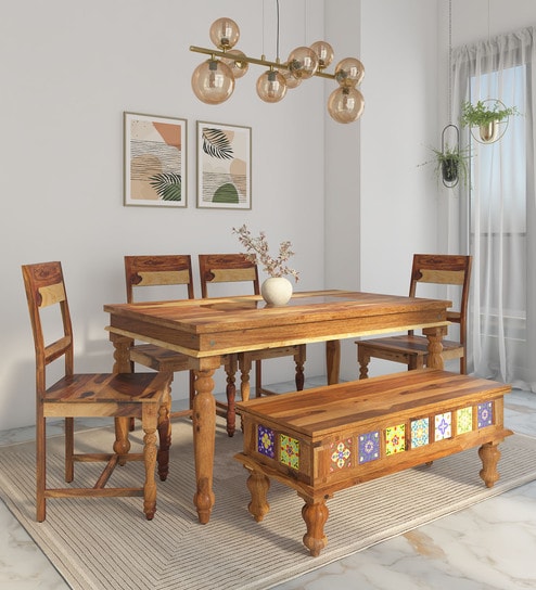 Buy Siramika Sheesham Wood 6 Seater Dining Set In Rustic Teak Finish ...