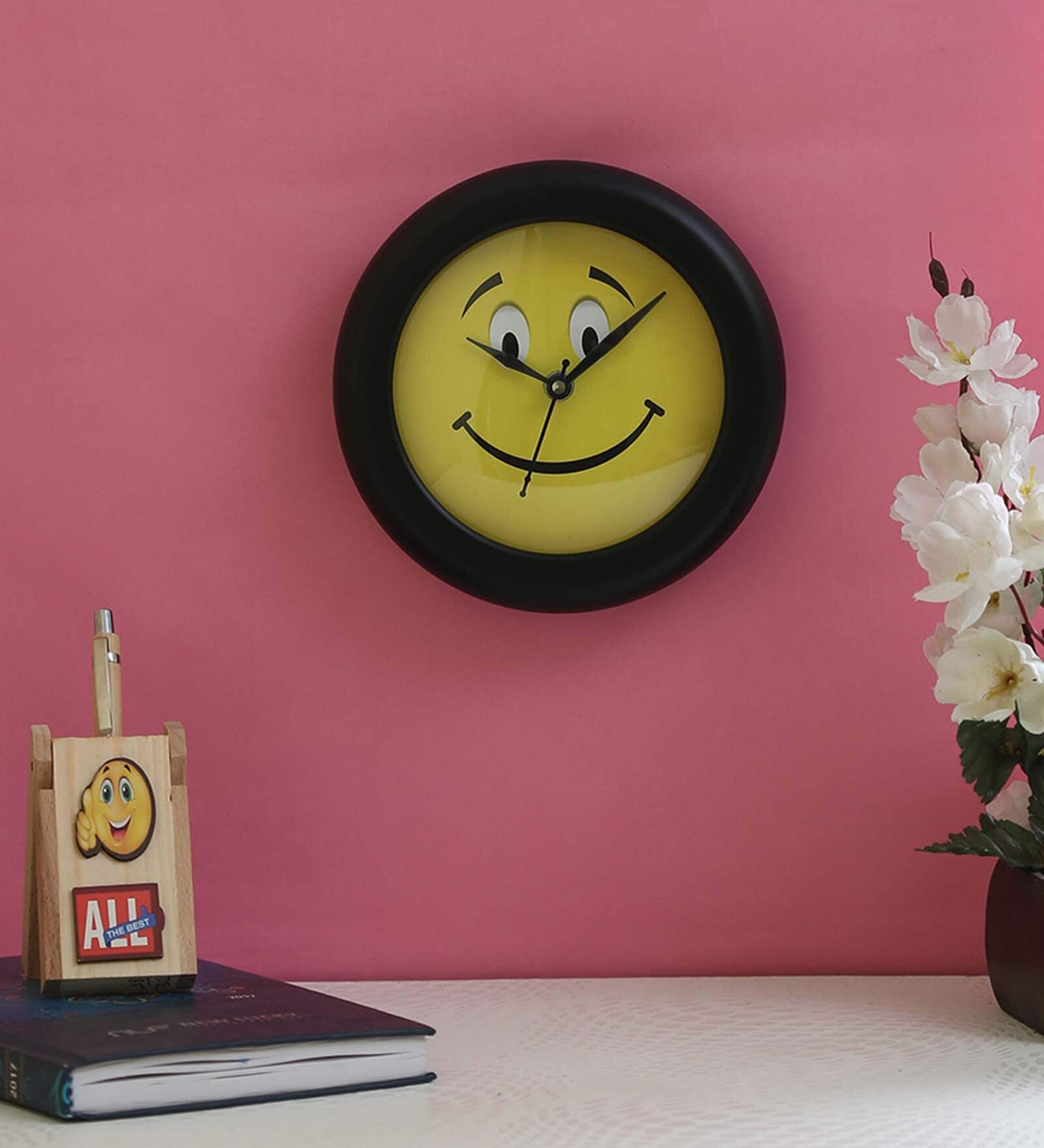 Buy Black Engineered Wood Smiley Face Modern Wall Clock Online - Modern ...