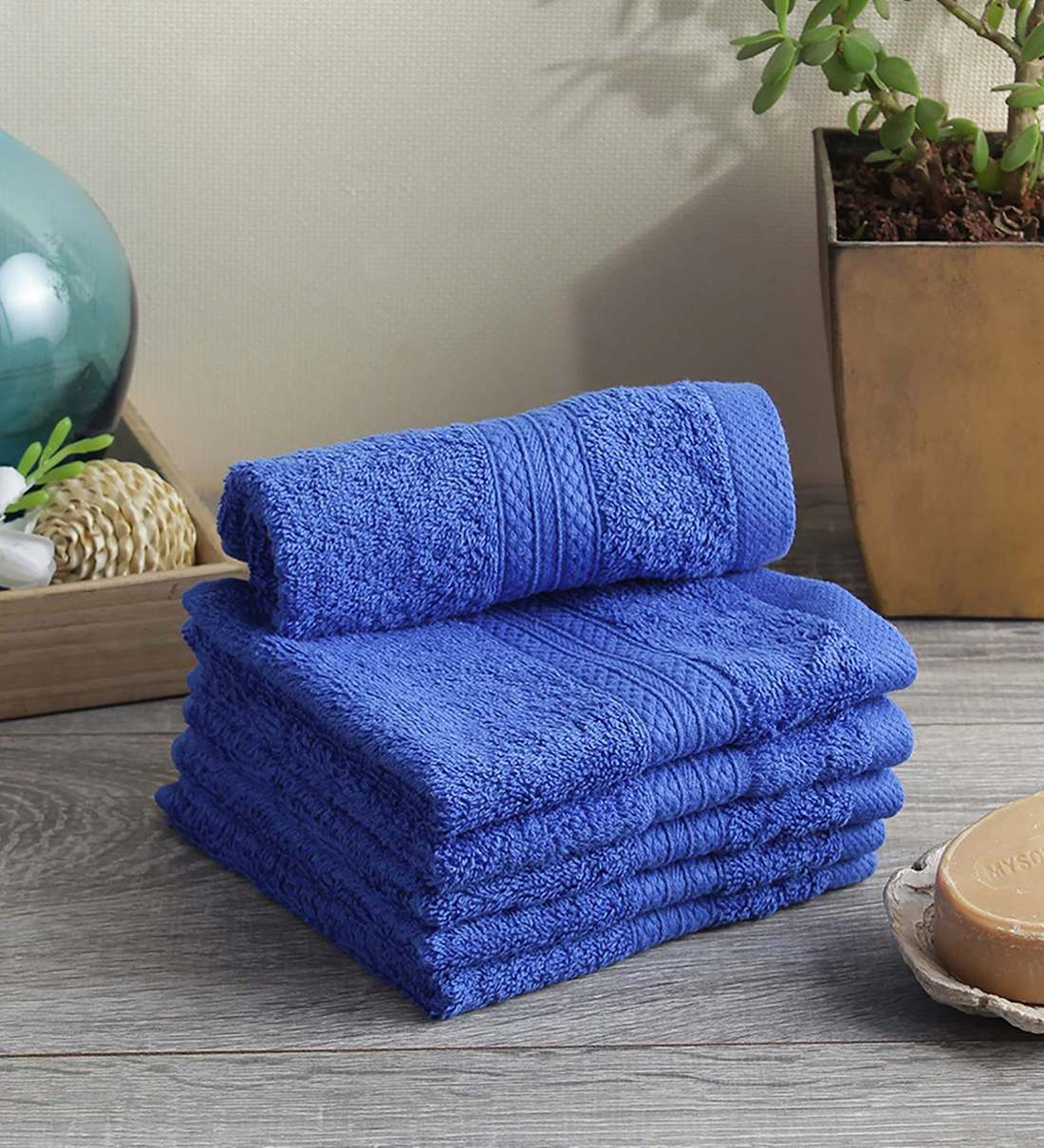 Buy Set Of 5 Blue Cotton 550 GSM Face Towels By Softweave at 18% OFF by ...