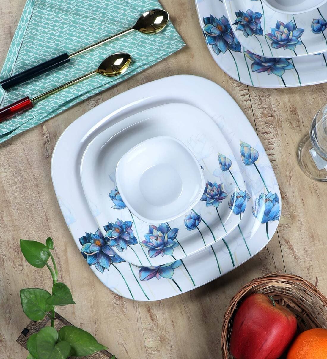 Buy Squared 18 Pcs White & Blue Melamine Dinnerware Set at 29% OFF by ...
