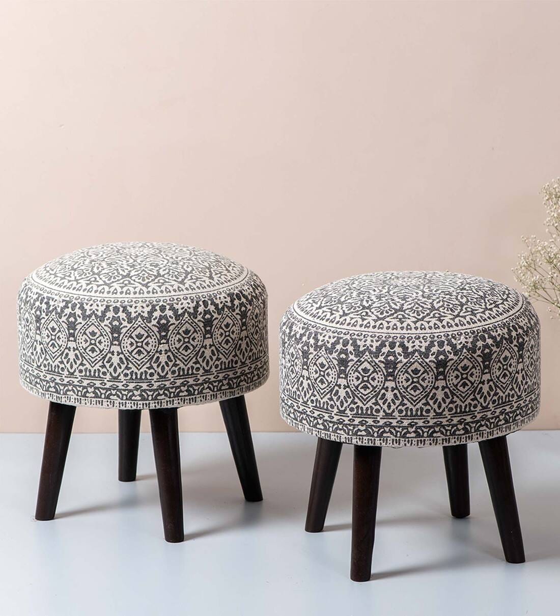 Buy Irvine Fabric Seating Stool in Off-White & Grey Colour (Set Of 2 ...