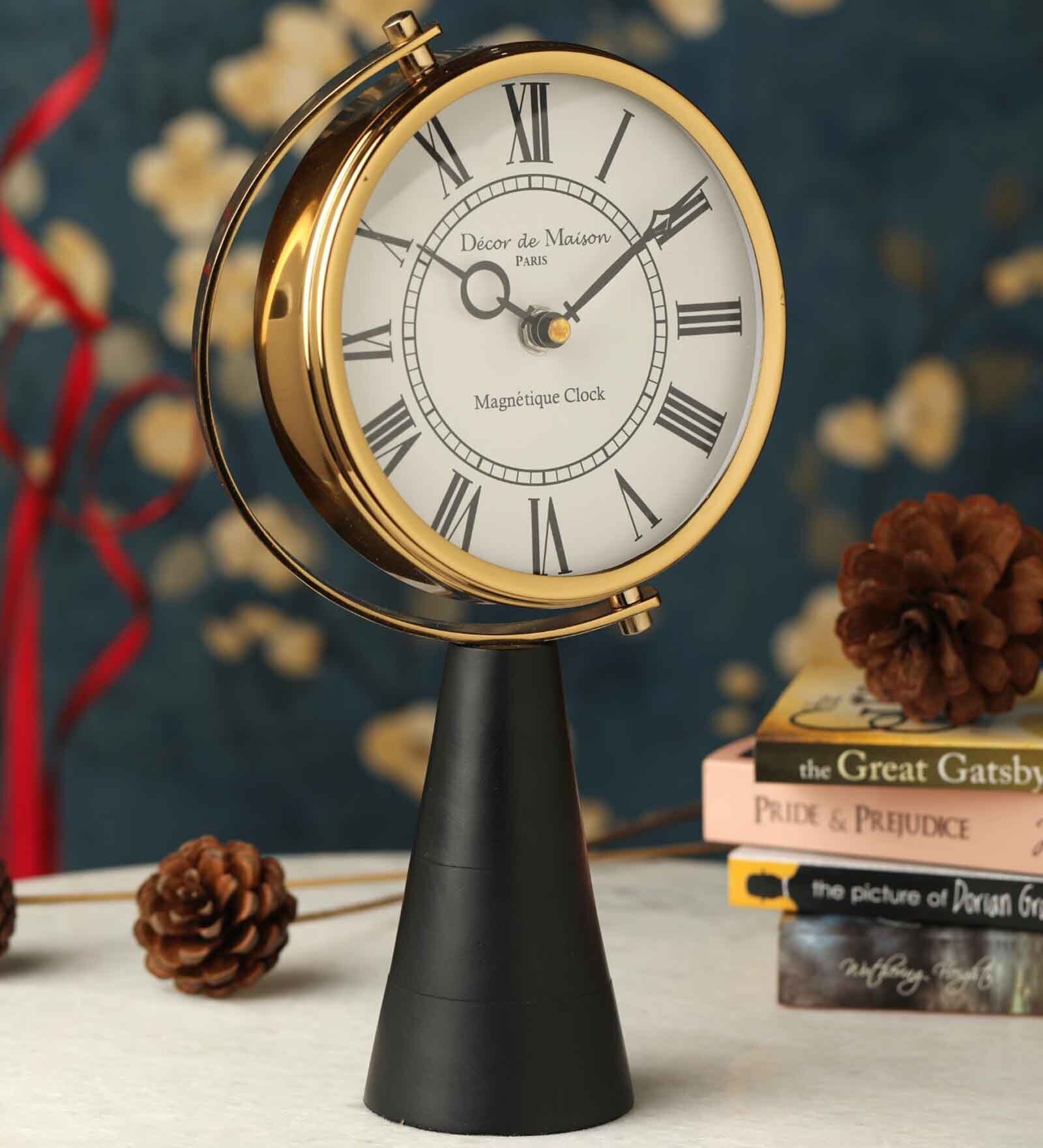 Buy Steel Black Wood'S Pedestal In Reflective Gold Table Clock at 100% ...