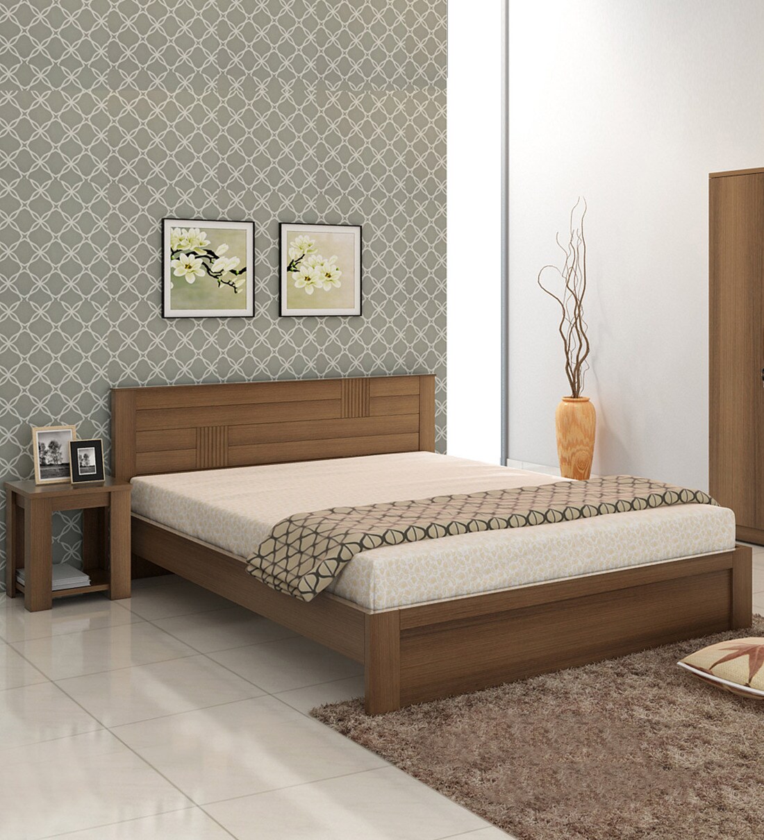 Buy Subaru Queen Size Bed With Bedside Table In Bronze Walnut Finish ...