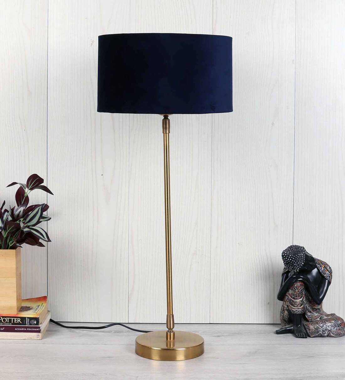 Buy Triune Blue Velvet Shade Night Lamp With Iron & Brass Base By Decor ...