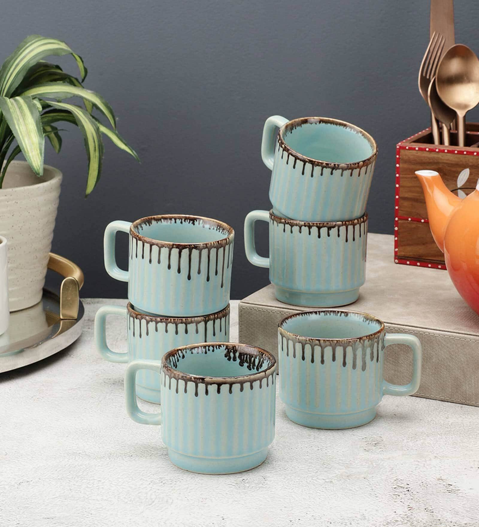 Buy Tranquil 100ml Mint Green & Brown Ceramic (Set of 6) Tea Cup at 33% ...