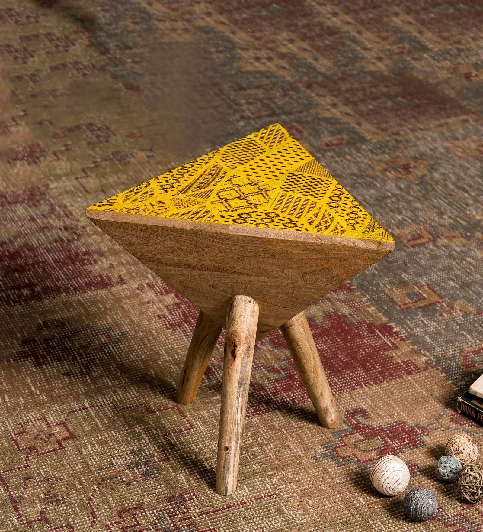 Buy Triangular Solid Wood Seating Stool in Yellow on Natural Finish ...