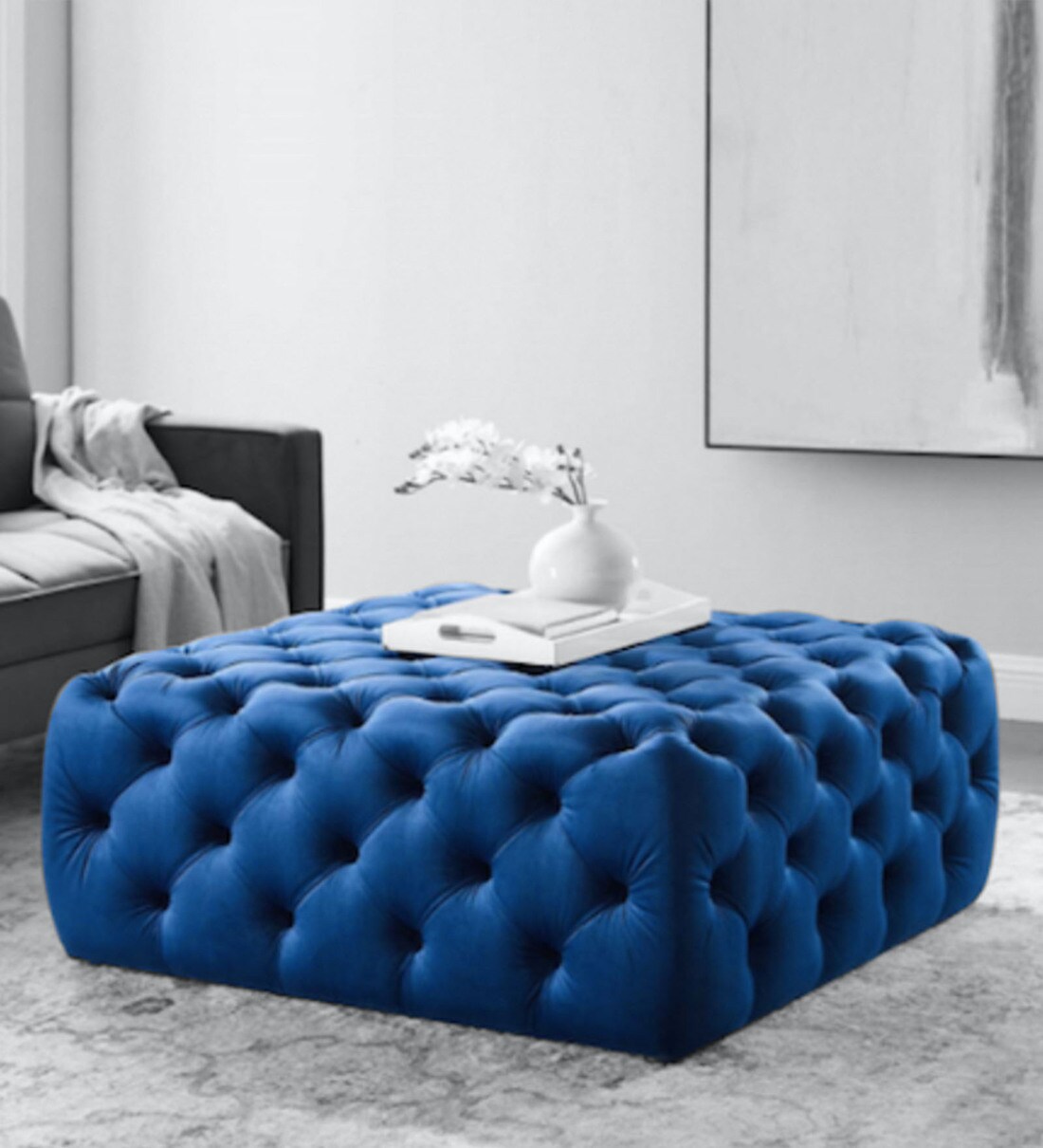 Buy Tuffted Button Square Pouffe in Royal Navy Blue Colour at 100% OFF ...