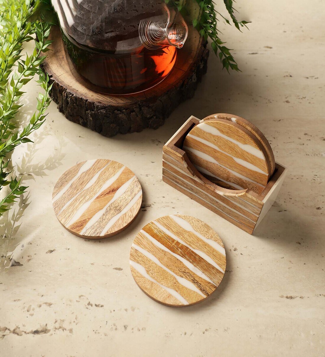 Buy Waves Round Brown & White MDF (Set of 4) Table Coaster with Stand ...