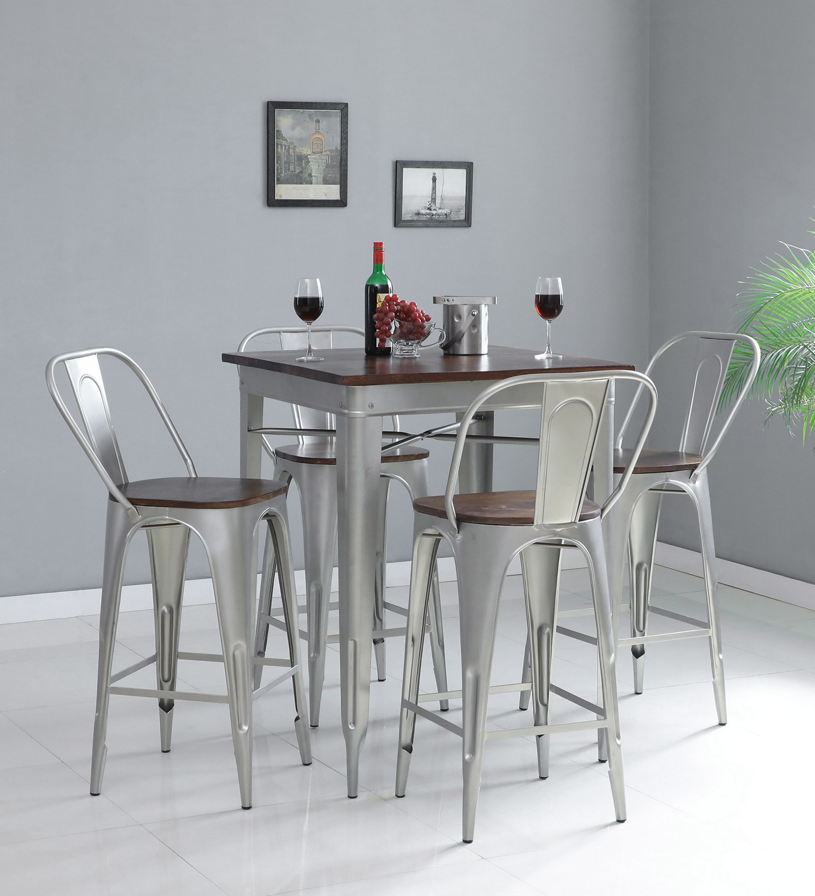 Buy Spaulding Metal Bar Table Set in Silver Finish With 4 Chairs Online ...