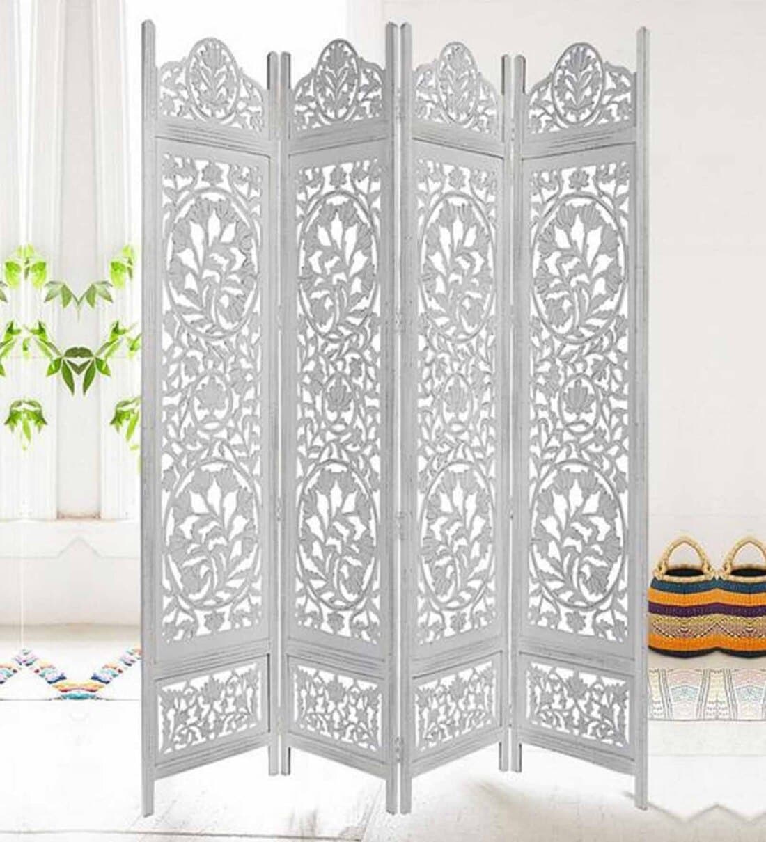Buy White Floral Flemish Handcarved Wooden Room Divider Four Panels at ...