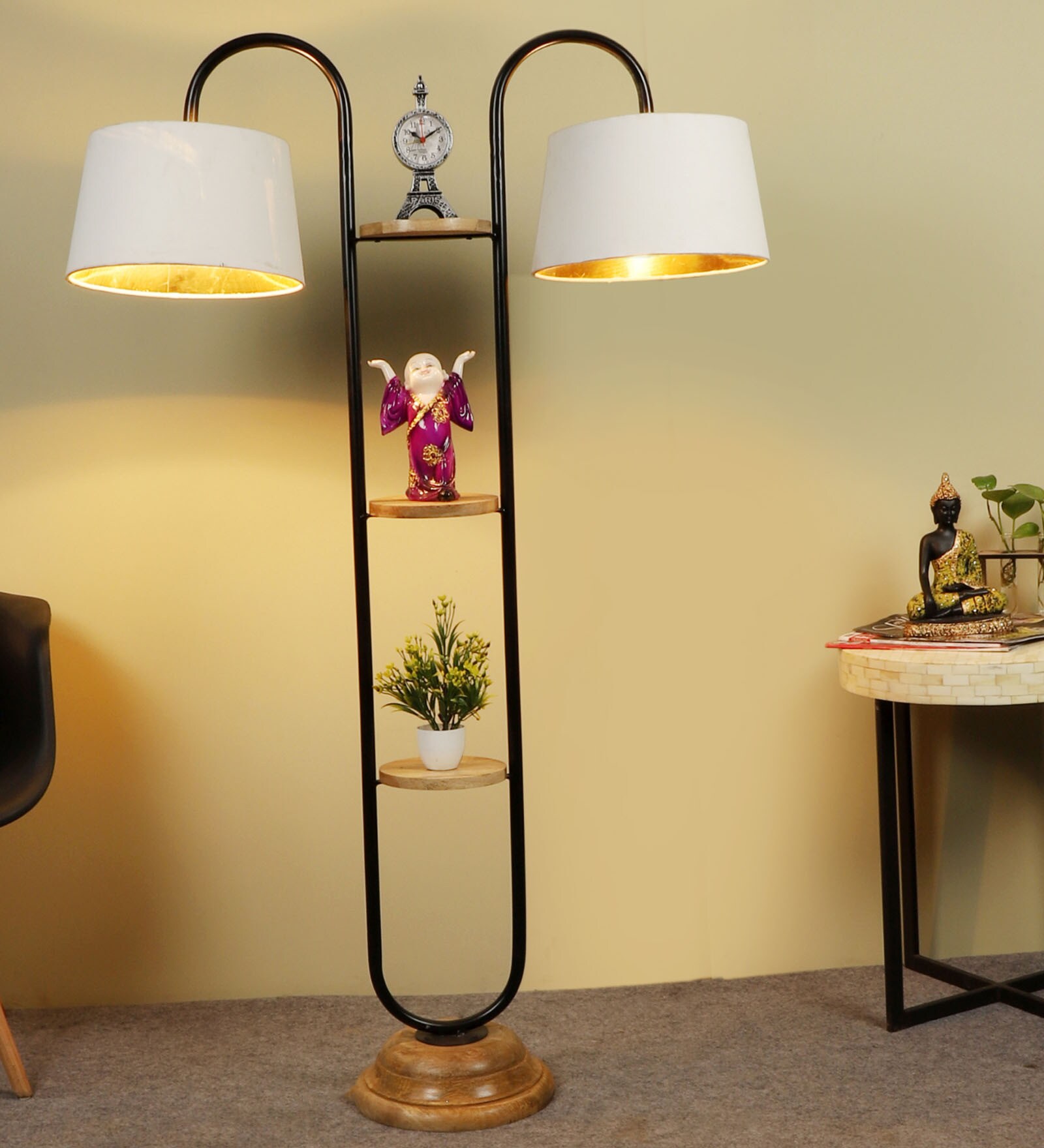 Buy Flap White Cotton Shade Shelf Floor Lamp With Wood & Metal Base By ...