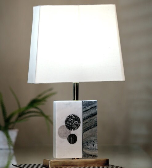 Buy Grey Fabric Shade Marble Table LED Lamp With Antique Brass Base By ...