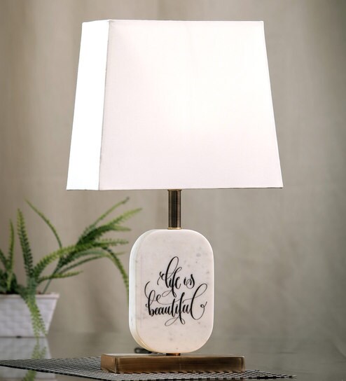 Buy Grey Fabric Shade Marble Table LED Lamp With Antique Brass Base By ...