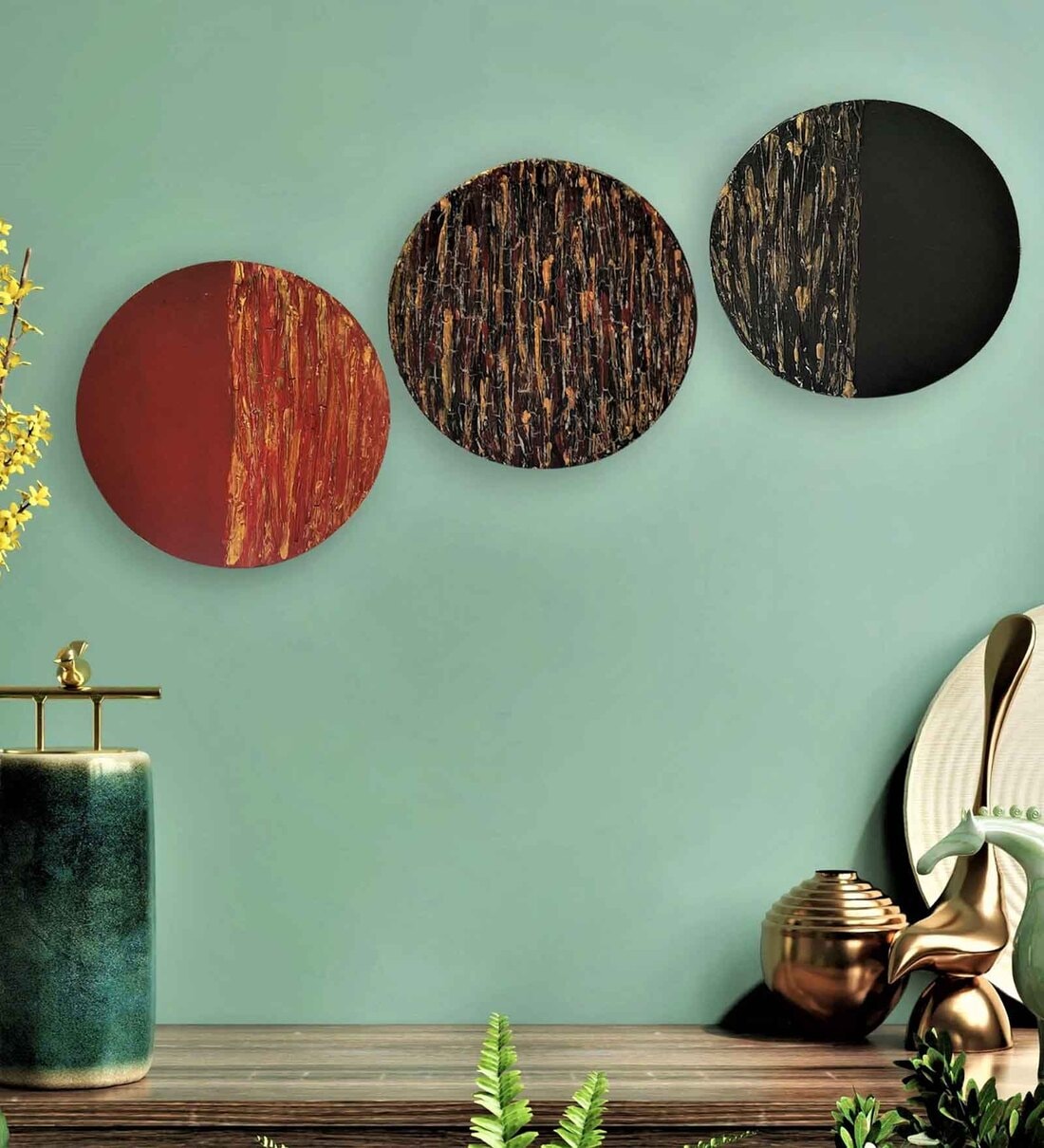 Buy Wooden 3D Handmade Round Wall Art Set Of 3 With Textured Effect at ...